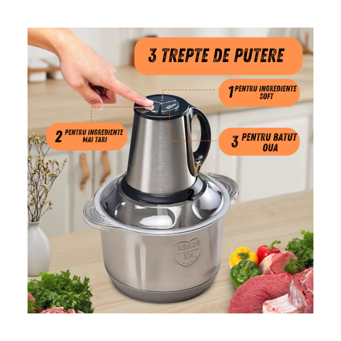 Tocator electric carne si legume, 5 lame inox, 3 viteze, capacitate 5L ...